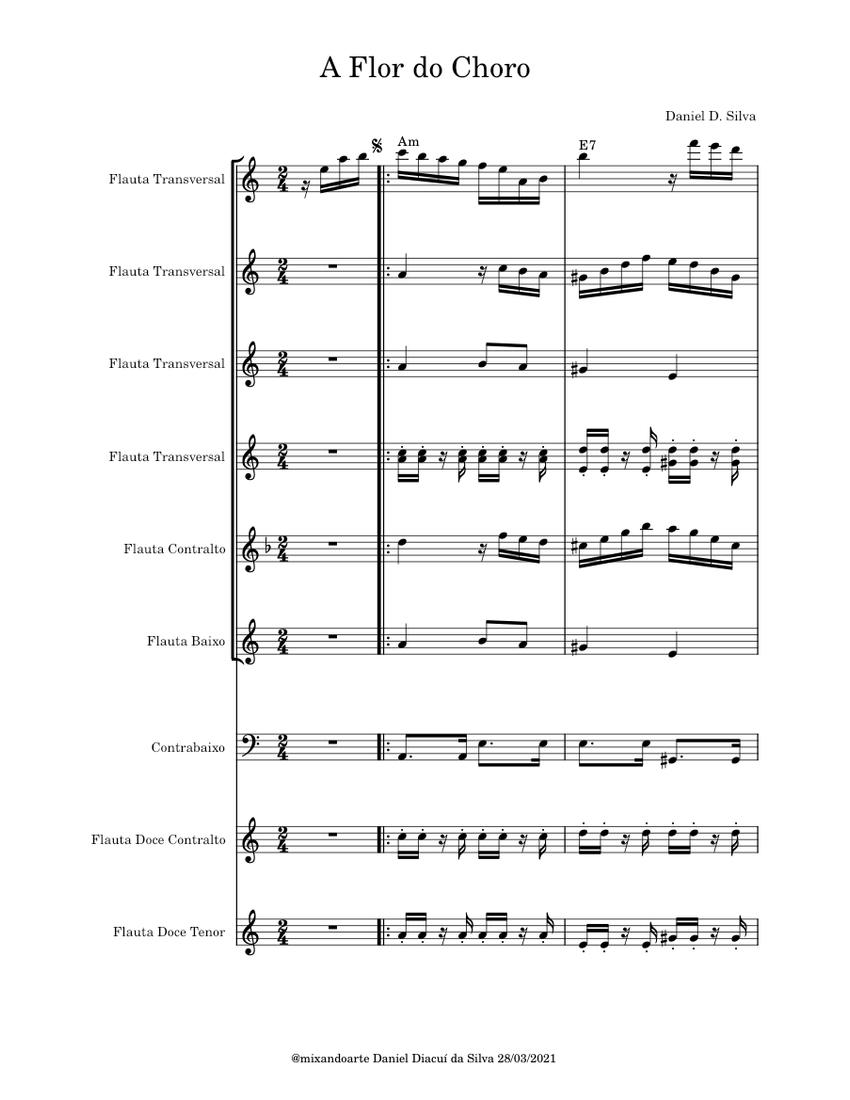A flor do choro para grupo de flautas Sheet music for Flute, Bass guitar, Flute alto, Recorder ...
