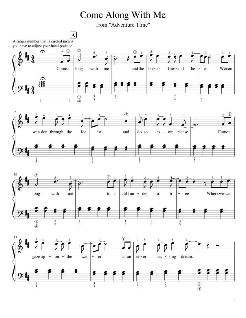 Come Along WIth Me from Adventure Time Piano w/lyrics Sheet Music for ...