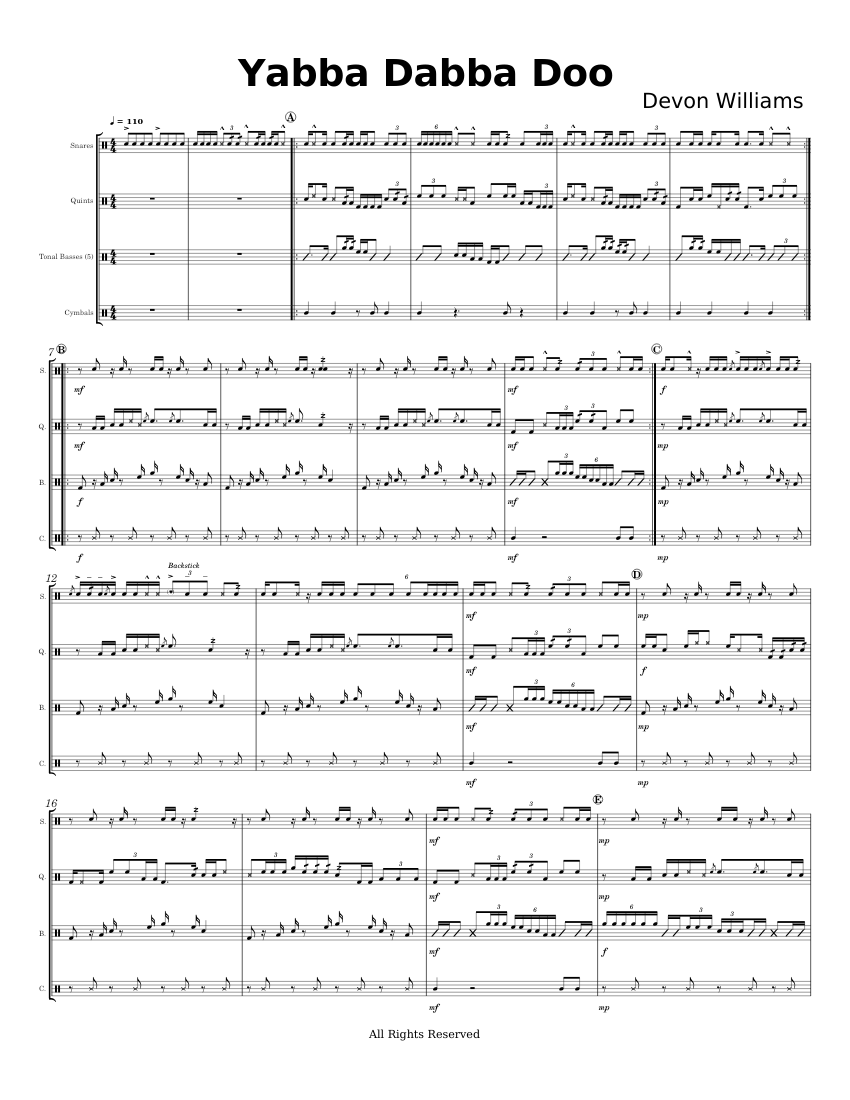 Yabba Dabba Doo Sheet Music for Snare drum, Crash, Tenor drum, Bass ...