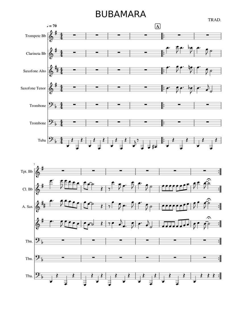 BUBAMARA Sheet Music for Trombone, Tuba, Clarinet in b-flat, Saxophone alto & more instruments ...