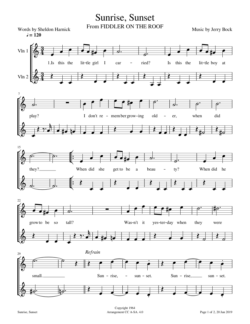 Sunrise, Sunset Sheet music for Violin (String Duet) | Musescore.com