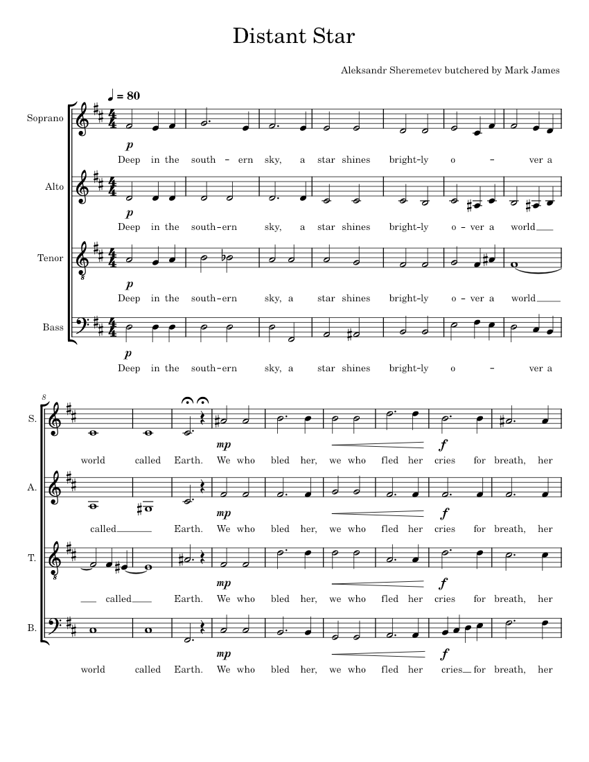 Distant Star Sheet Music for Soprano, Alto, Tenor, Bass voice (SATB ...