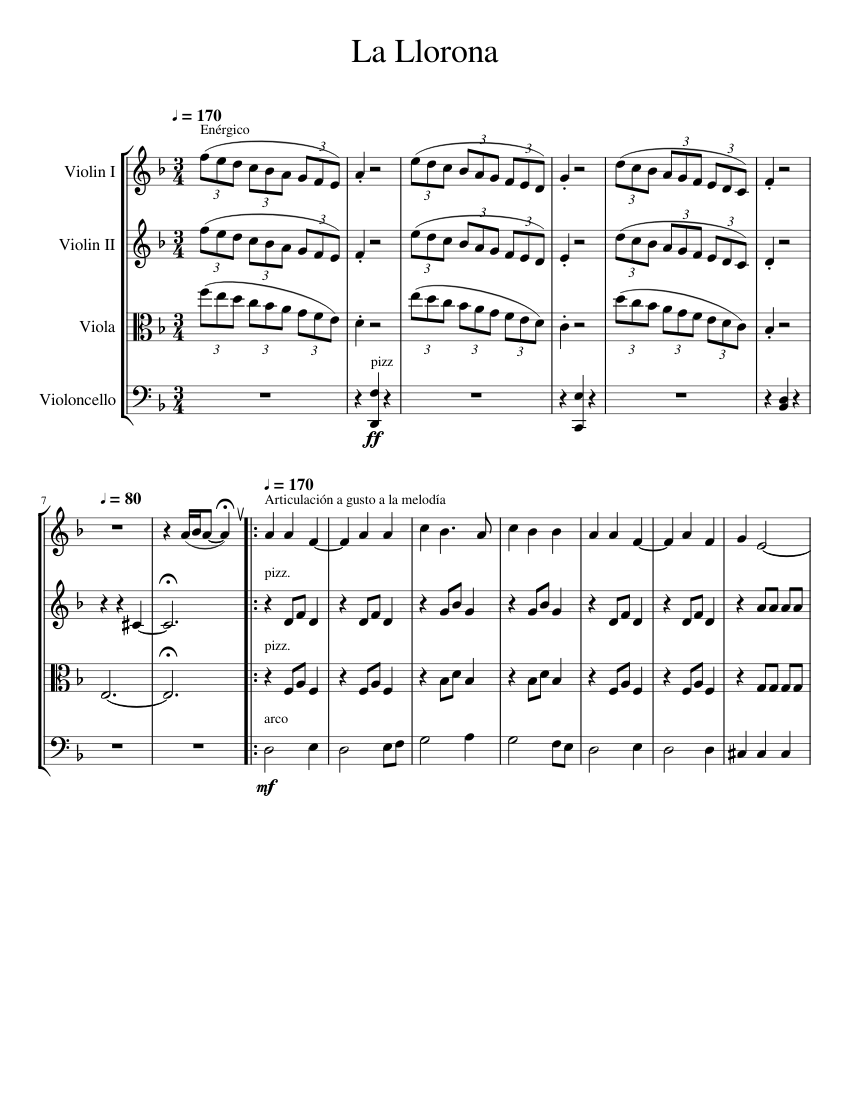 La Llorona Sheet Music for Violin, Viola, Cello (String Quartet ...