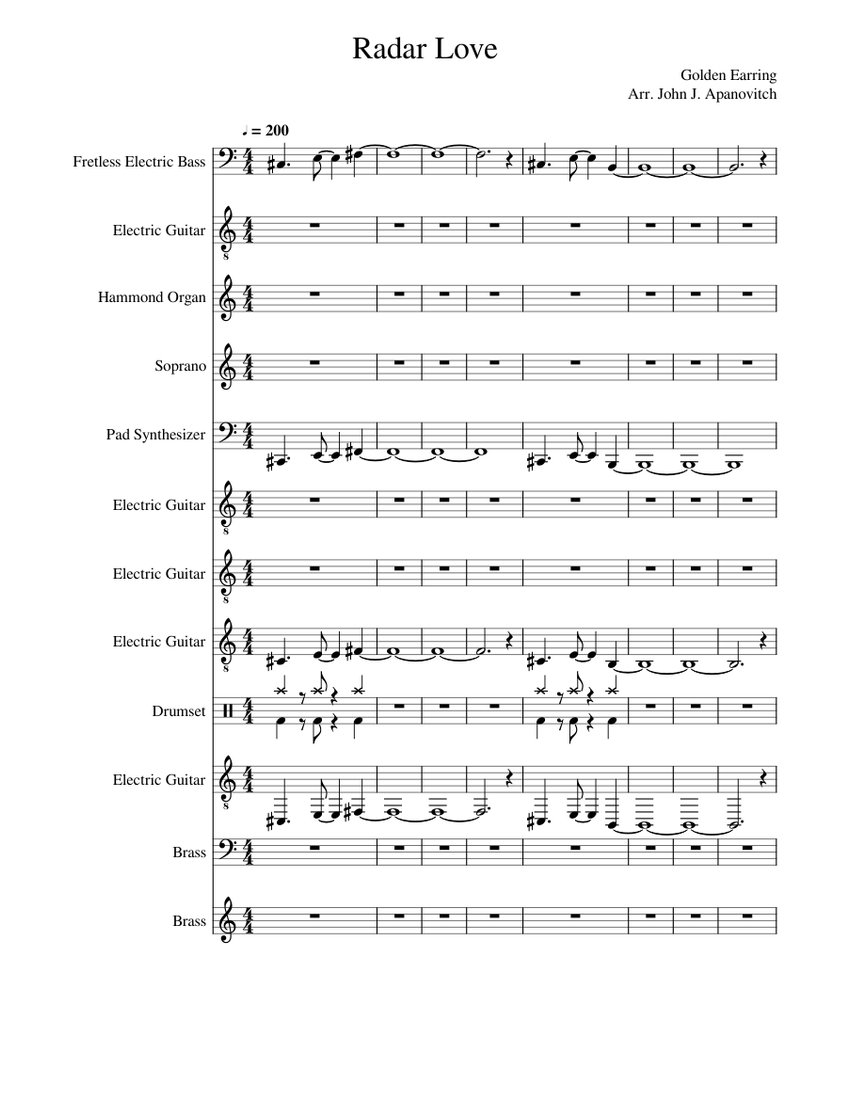 Radar Love by Golden Earring Sheet Music for Soprano, Organ, Guitar ...