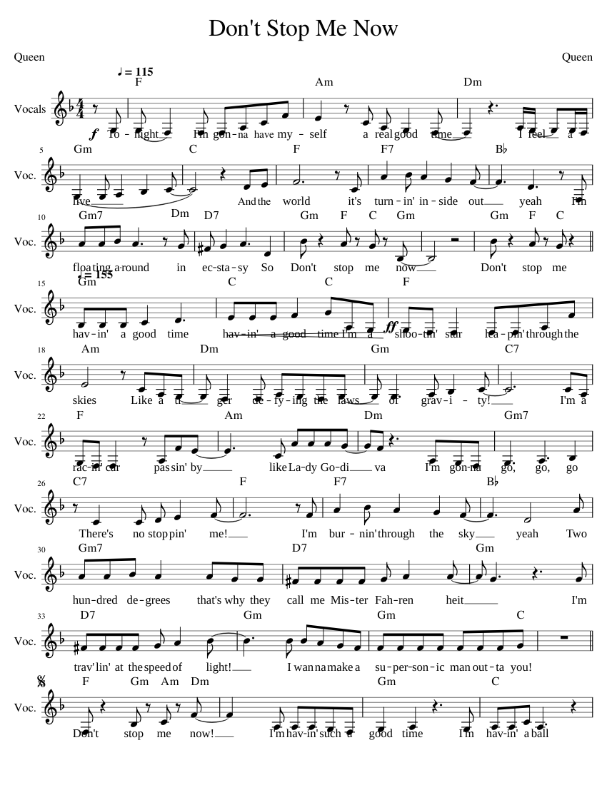 Dont Stop Me Now Klavier Sheet Music with Chords for Piano, Drum group ...