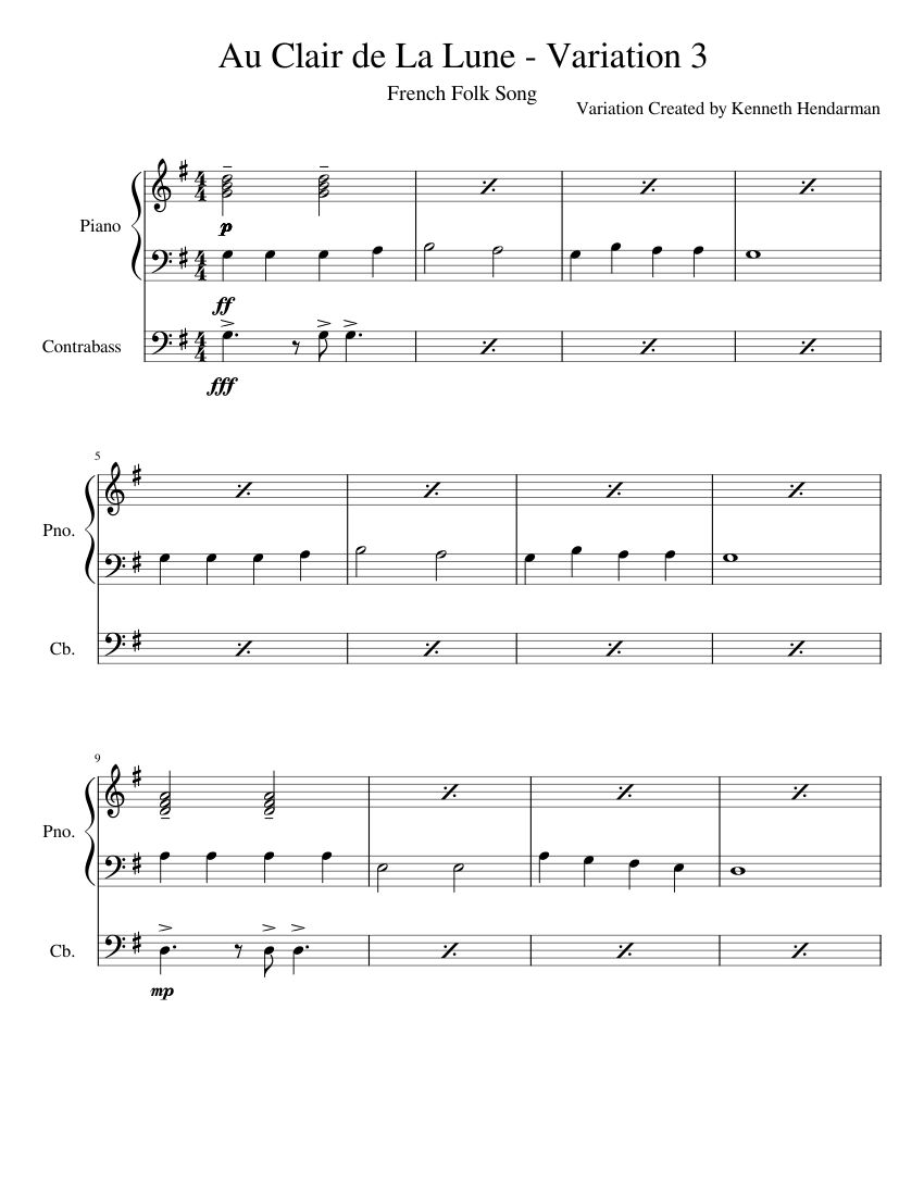 Au Clair de La Lune - Variation 3 Sheet music for Piano, Contrabass ...
