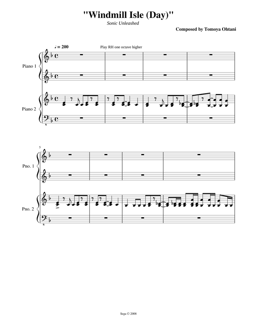Sonic Unleashed - Windmill Isle Day Sheet Music for Piano (Piano Duo ...