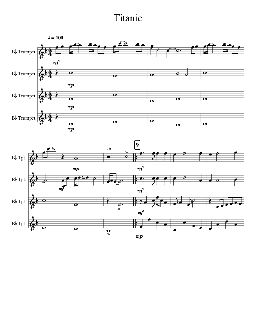 My Heart will Go On for Trumpet Quartet Sheet Music for Trumpet in b ...