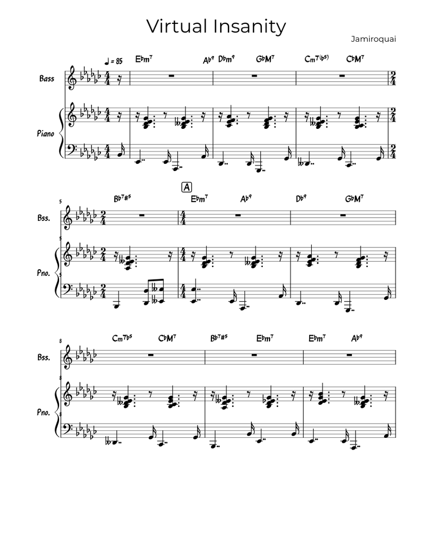Virtual Insanity Sheet Music with Chords for Piano (Solo) | MuseScore.com