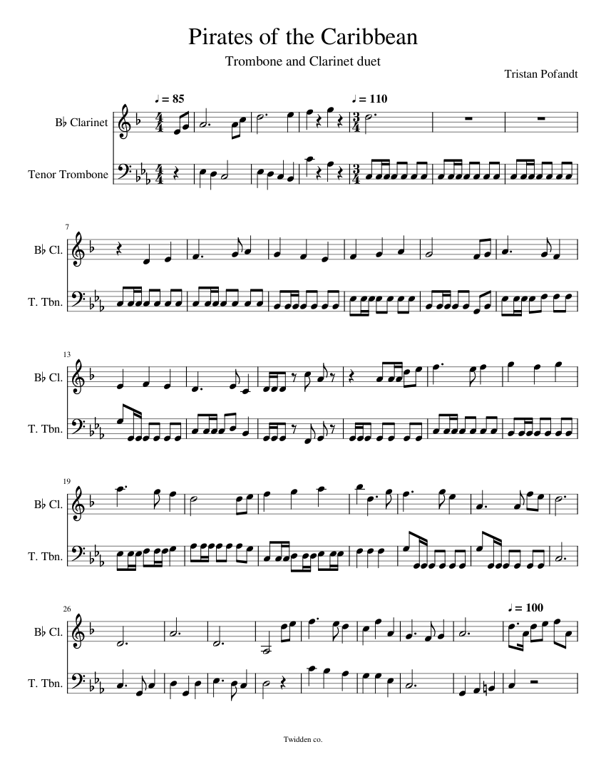 Pirates of the Caribbean Clarinet and Trombone Duet Sheet music for ...