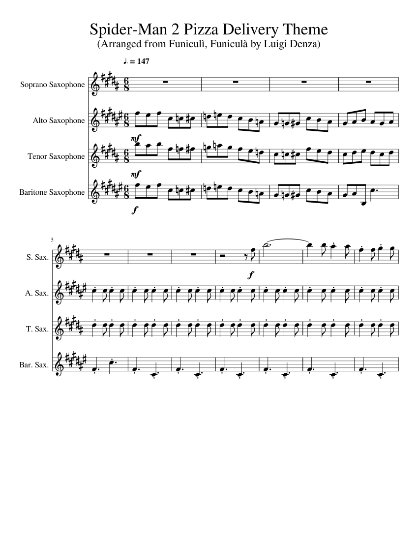 Spider-Man 2 Pizza Delivery Theme Sax Quartet Sheet Music for Saxophone ...