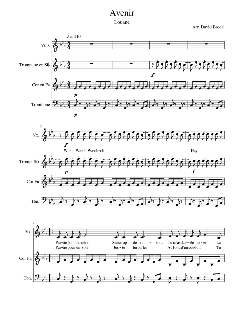 Avenir de Louane avec acc. tromp., cor et tromb. Sheet music for ...