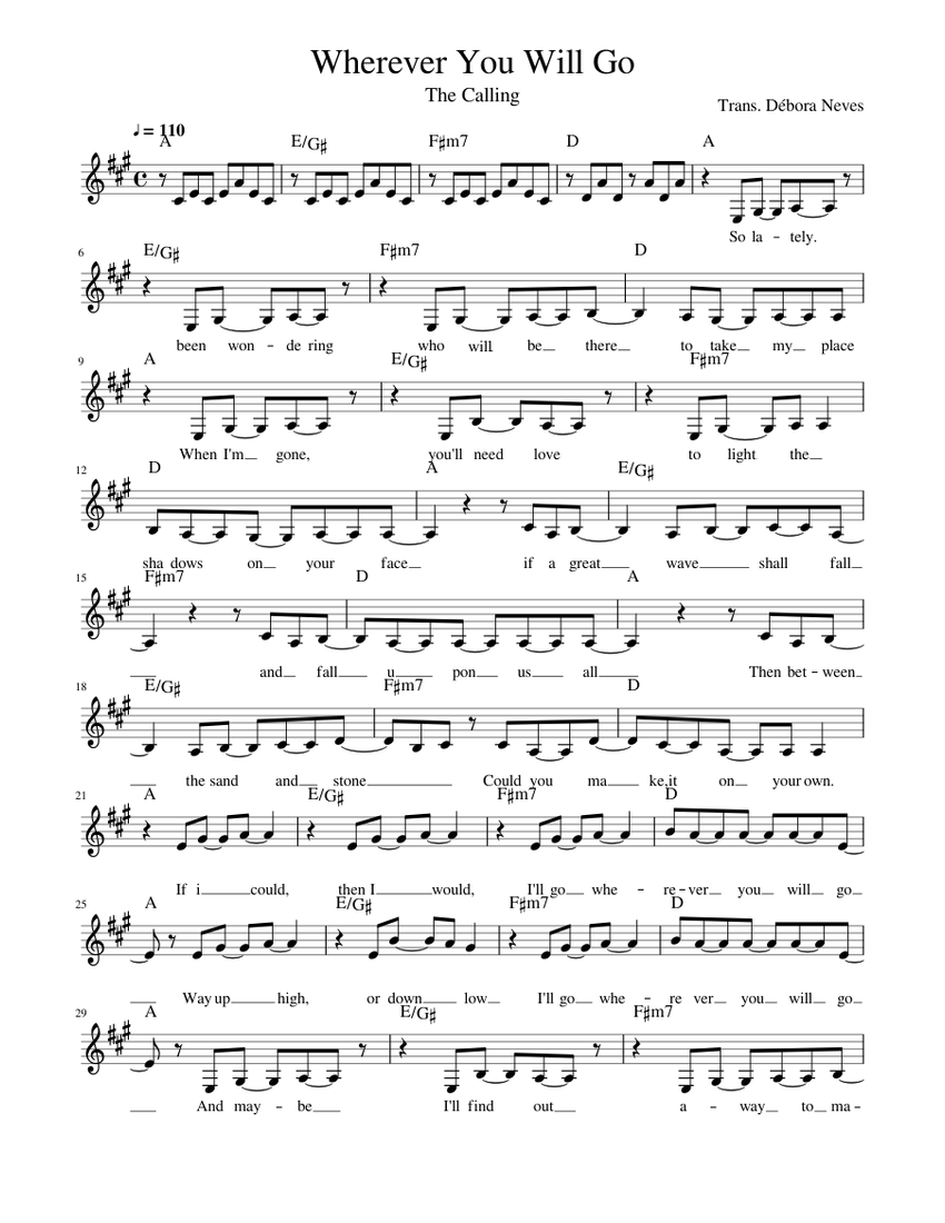 Wherever You Will Go (The calling ) Sheet Music with Chords for Piano ...