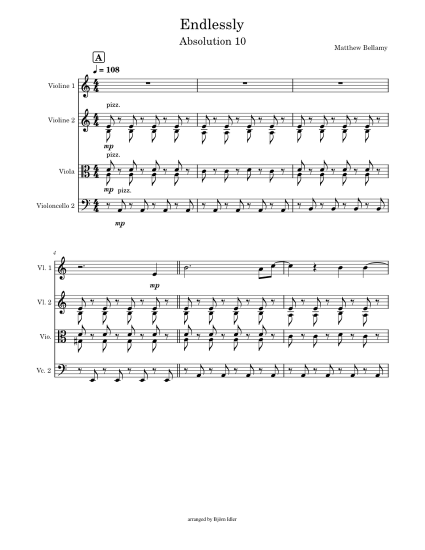 Muse - Endlessly Sheet Music for Violin, Viola, Cello (String Quartet ...