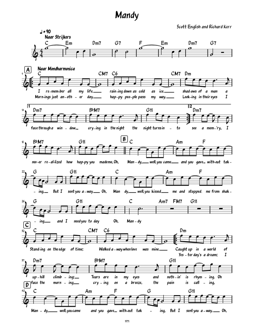 Mandy – Barry Manilow in-C Sheet Music with Chords for Piano (Solo ...
