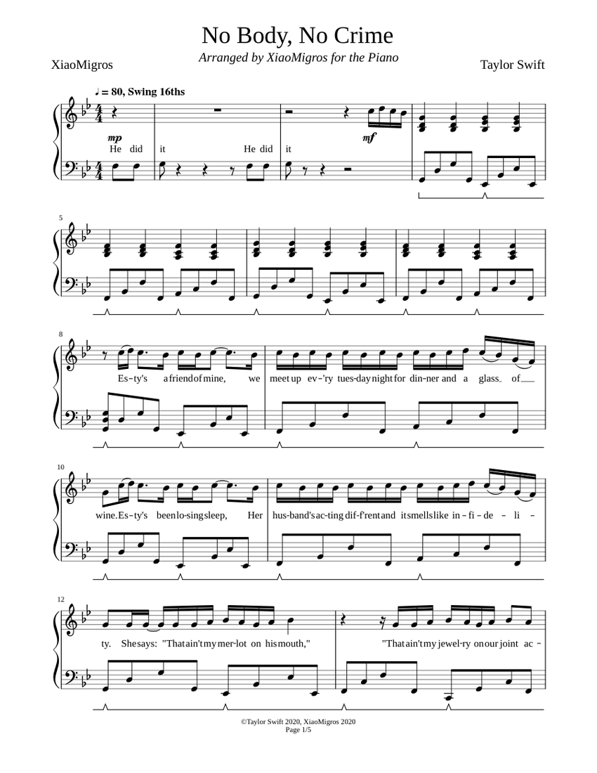 No Body, No Crime - Taylor Swift Sheet Music for Piano (Solo ...