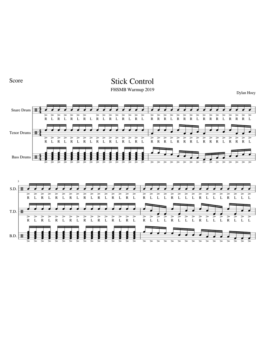 FHSMB Stick Control Sheet Music for Snare drum, Tenor drum, Bass drum ...