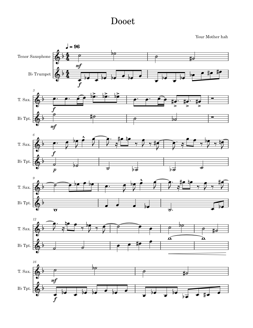 Dooet Sheet music for Saxophone tenor, Trumpet in b-flat (Mixed Duet ...