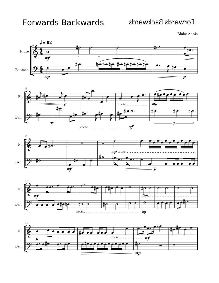 Forwards Backwards Sheet music for Flute, Bassoon (Woodwind Duet ...