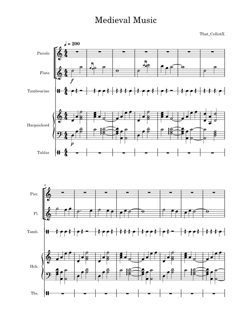 Medieval Music Sheet music for Harpsichord, Tambourine, Flute piccolo ...