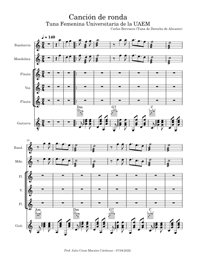 CANCIÓN DE RONDA Canción de ronda Sheet music for Flute, Guitar ...