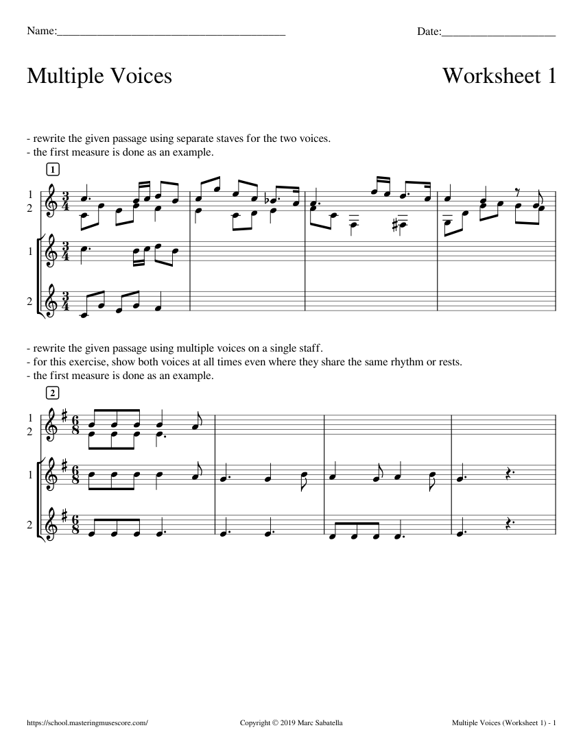 Multiple Voices (Worksheet 1) Sheet Music for Piano (Mixed Trio ...