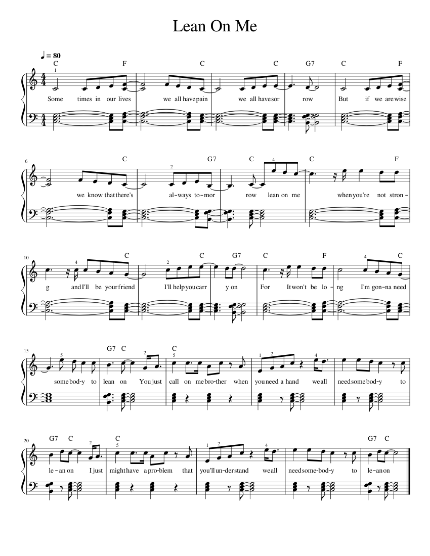 Lean On Me Sheet Music with Chords for Piano (Solo) Easy | MuseScore.com