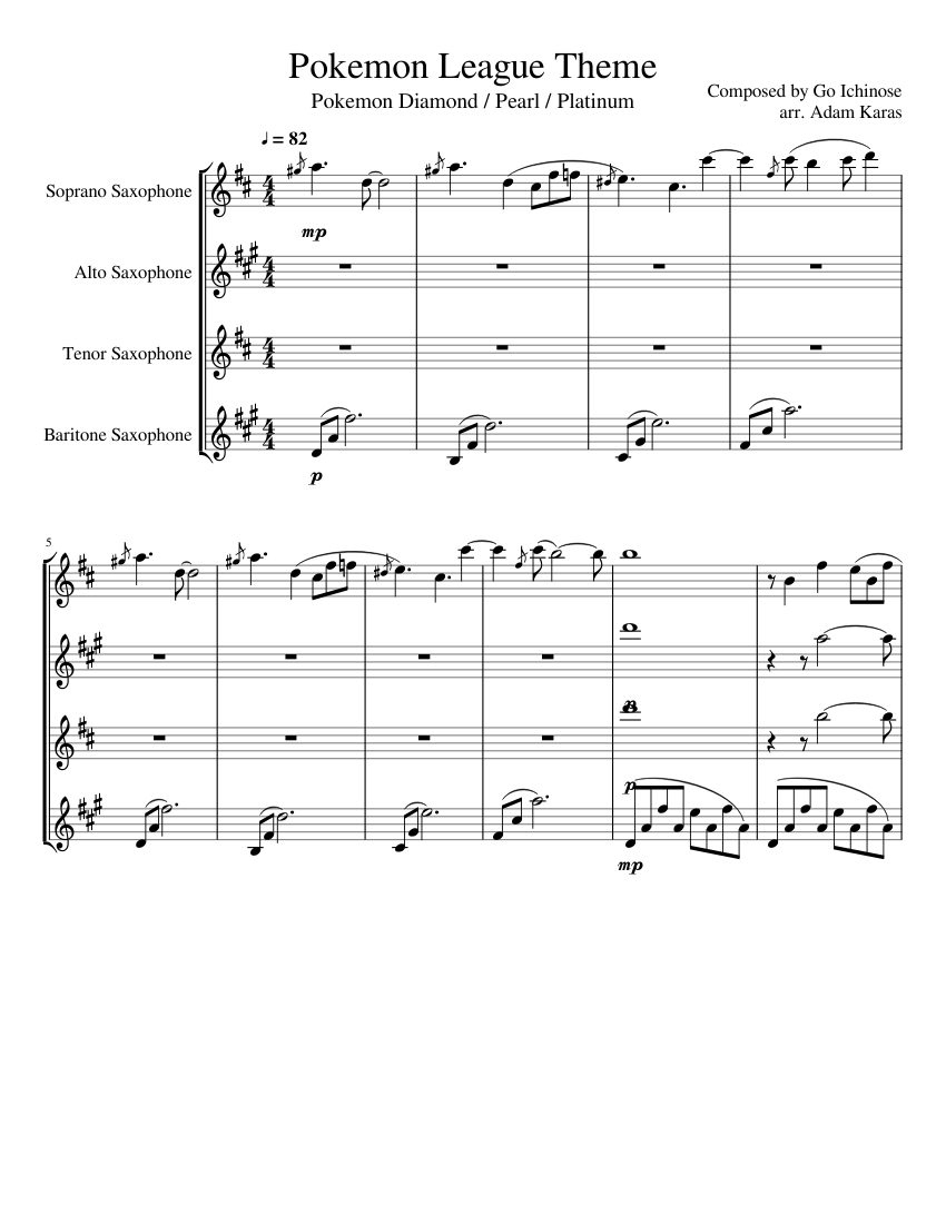 Pokemon League Theme DPPt for Sax Quartet Sheet Music for Saxophone ...
