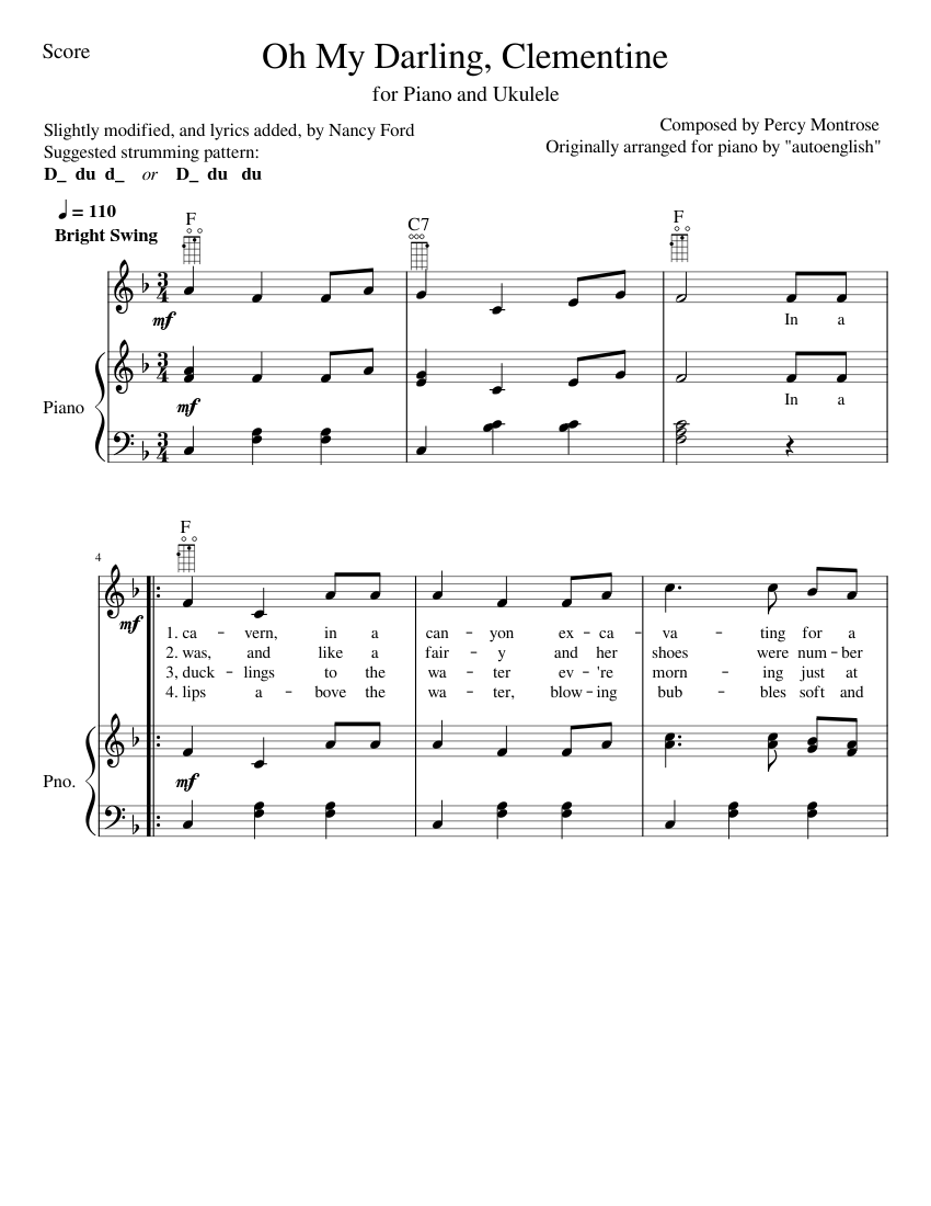 Oh My Darling, Clementine – Percy Montrose (Ukulele and Piano) Sheet ...