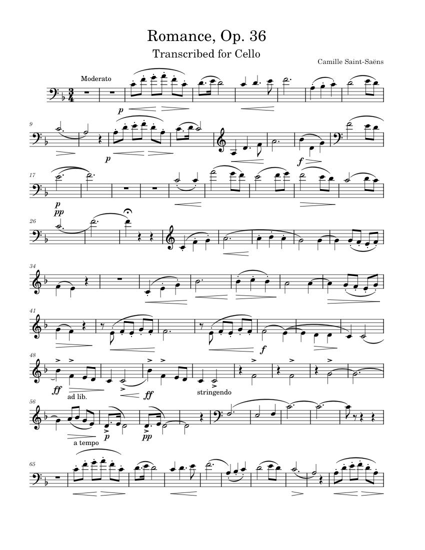 Romance, Op.36 – Camille Saint-Saëns Sheet Music for Cello (Solo ...