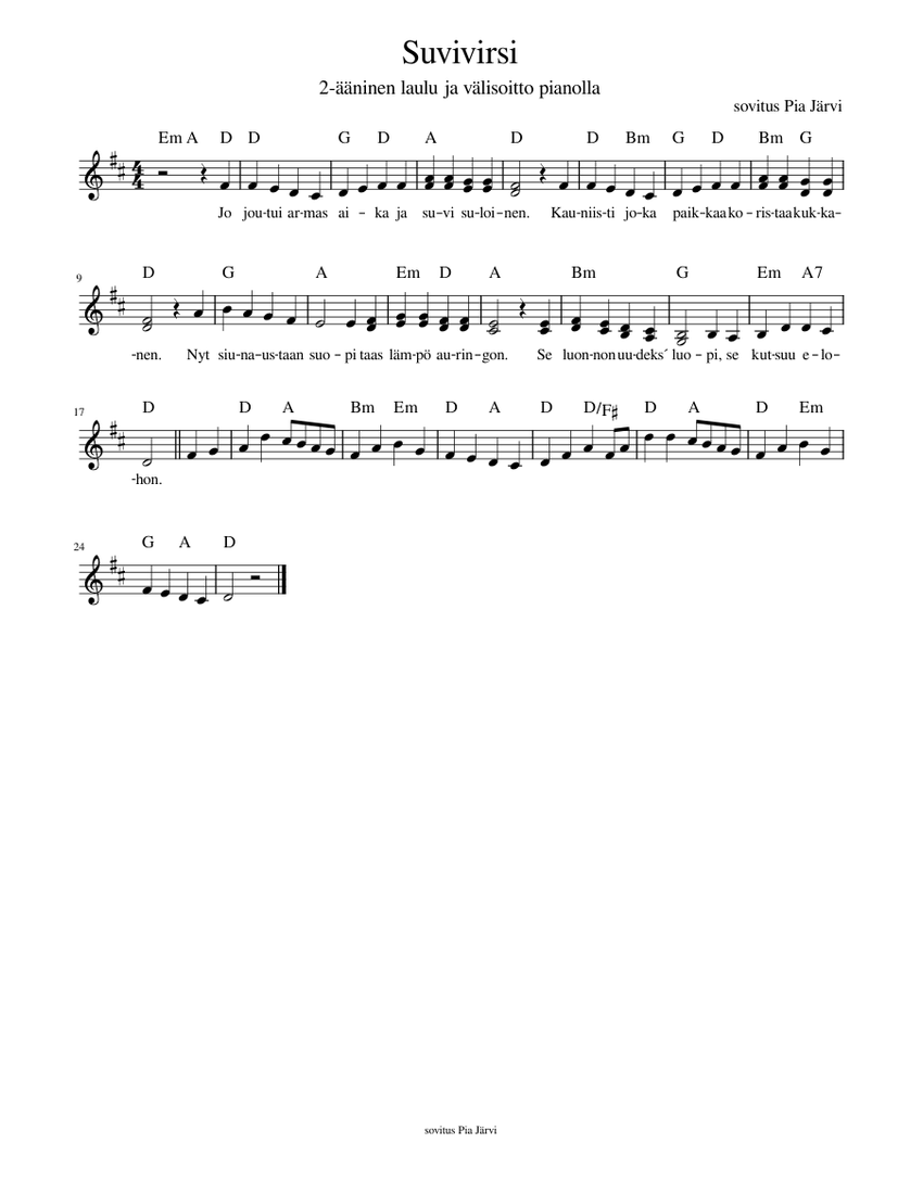Suvivirsi D-duuri Sheet music for Piano (Solo) Easy | Musescore.com