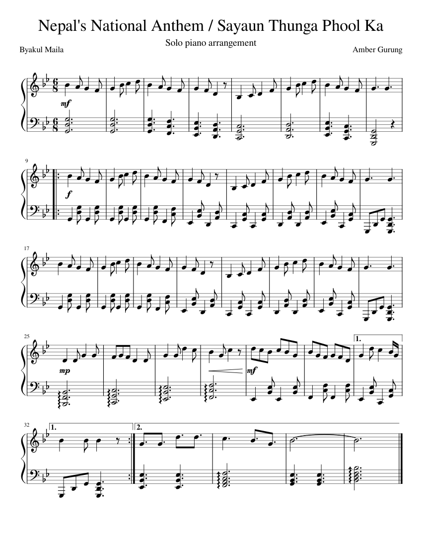 Nepal's National Anthem- Sayaun Thunga Phool Ka Sheet Music for Piano ...