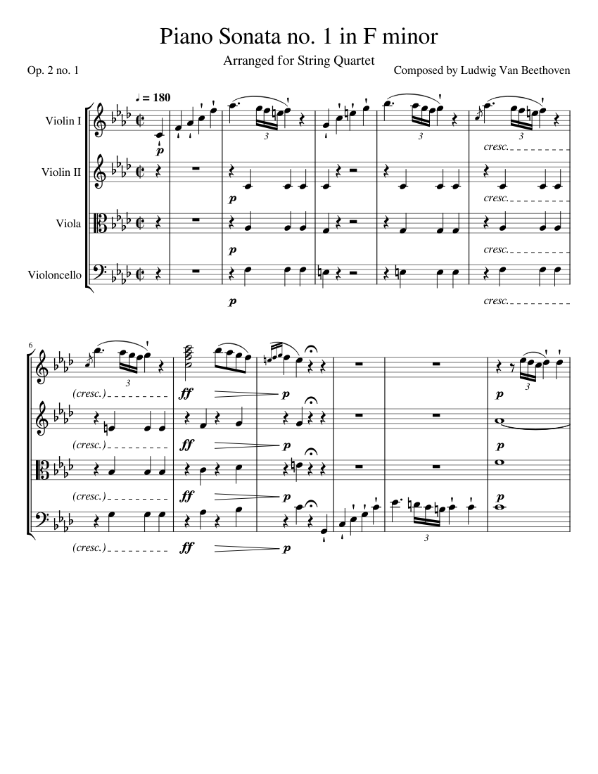 Piano Sonata no. 1 in F minor for String Quartet Sheet music for Violin ...