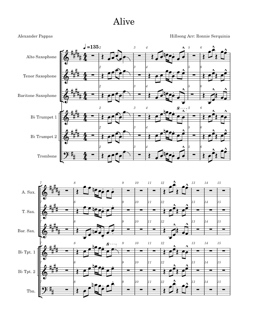 Alive Sheet Music with Chords for Trombone, Saxophone alto, Saxophone ...