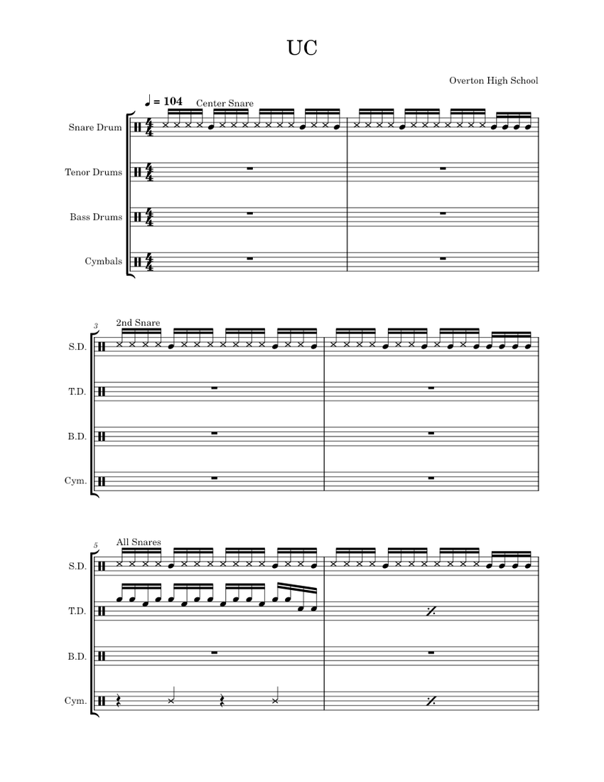UC Sheet music for Snare drum, Crash, Tenor drum, Bass drum (Marching ...