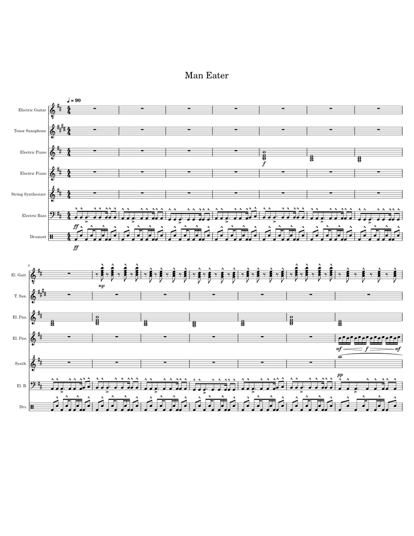 Man Eater Sheet Music for Piano, Saxophone tenor, Guitar, Bass guitar ...