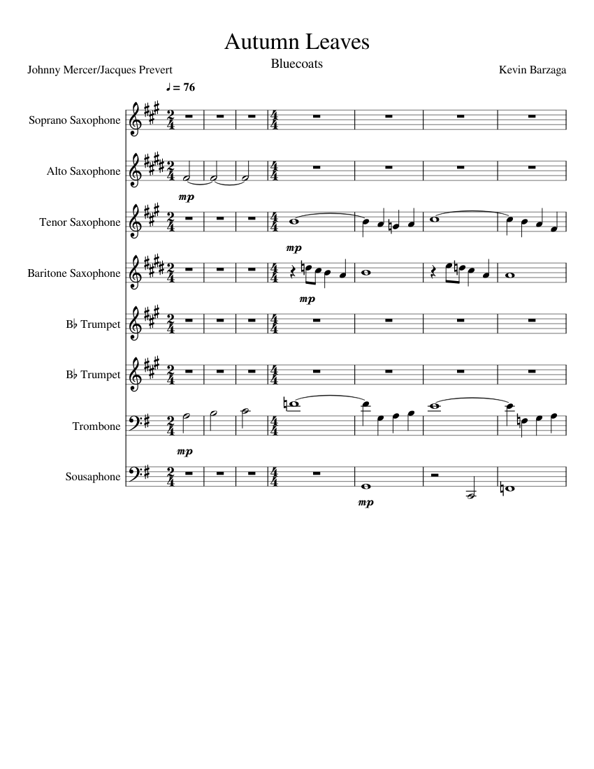 Autumn Leaves Sheet music for Trombone, Saxophone alto, Saxophone tenor ...
