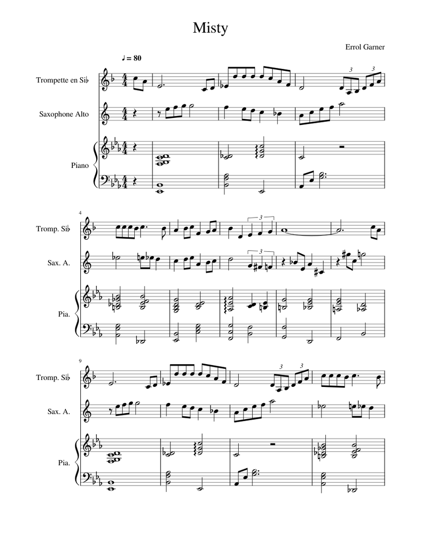 Misty Sheet Music for Piano, Saxophone alto, Trumpet in b-flat (Mixed ...