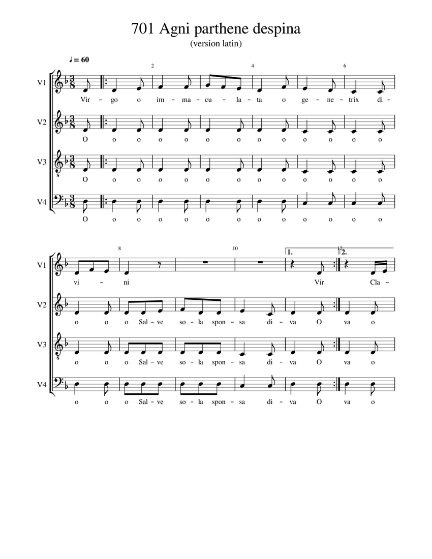 701 Agni parthene despina Sheet Music for Soprano, Alto, Tenor, Bass ...