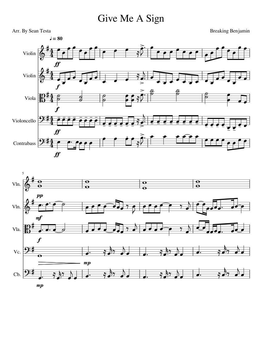 Give Me A Sign - Breaking Benjamin Sheet Music for Contrabass, Violin ...