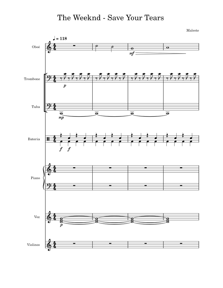Save your tears – The Weeknd Sheet Music for Piano, Trombone, Tuba ...