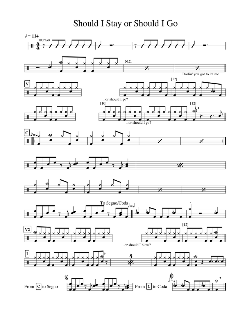 Should I Stay or Should I Go Sheet Music for Tambourine, Drum group ...