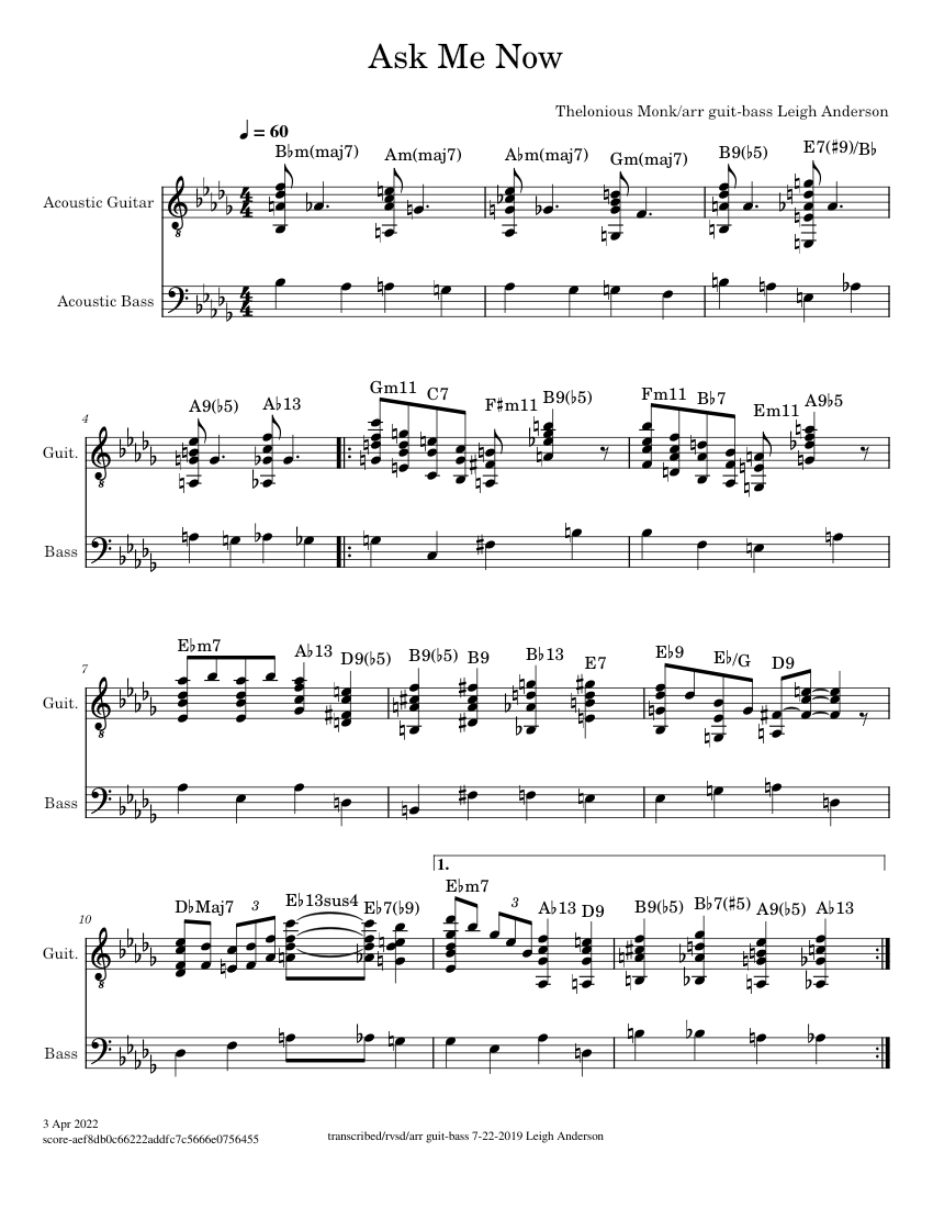 Ask Me Now – Thelonious Monk Sheet Music for Guitar, Bass guitar (Solo ...