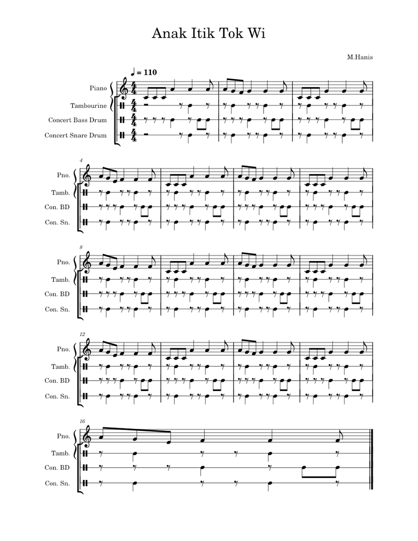 LAGU RAKYAT Anak Itik Tok Wi Sheet Music for Piano, Tambourine, Snare ...