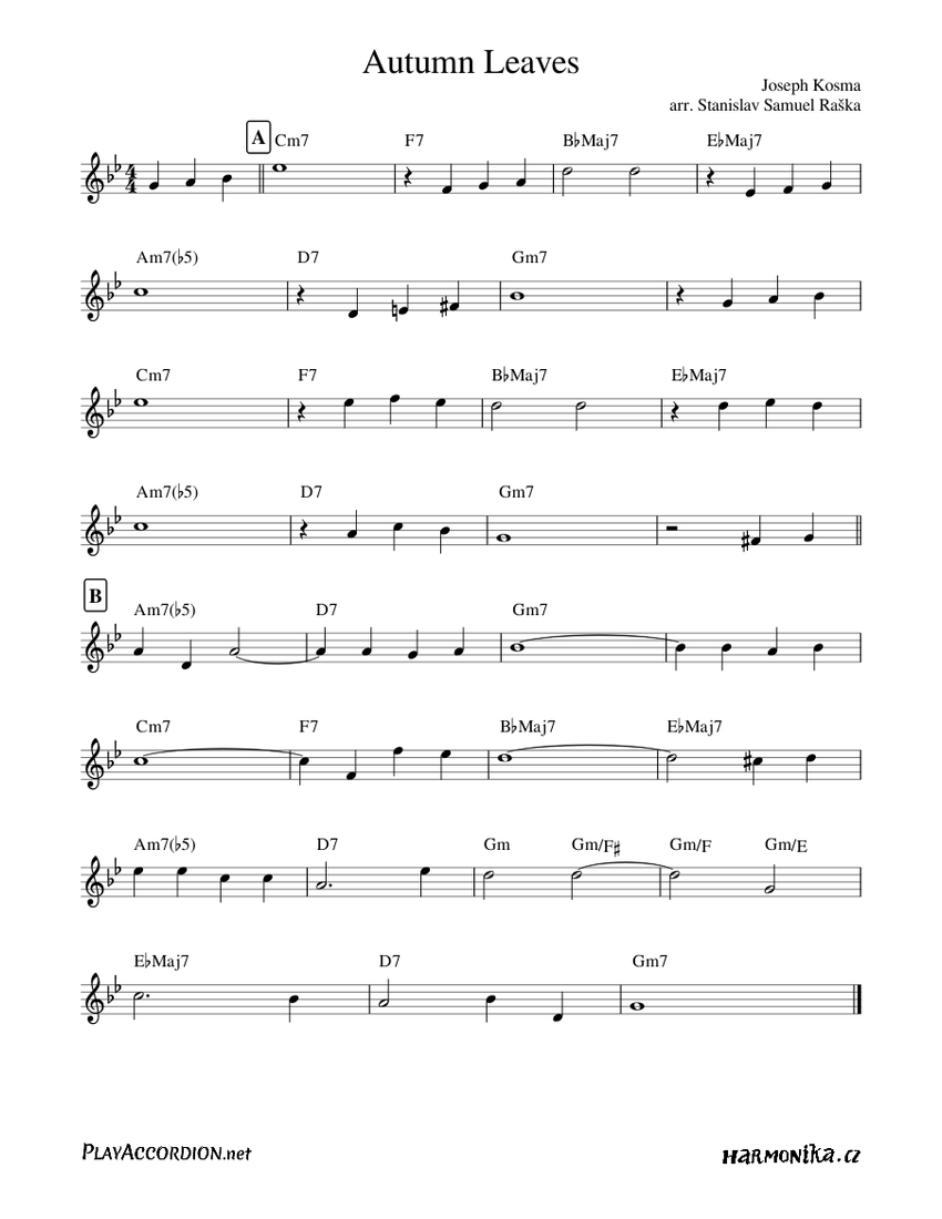 Autumn Leaves theme Sheet music for Accordion (Alto Sax Piano Duet ...