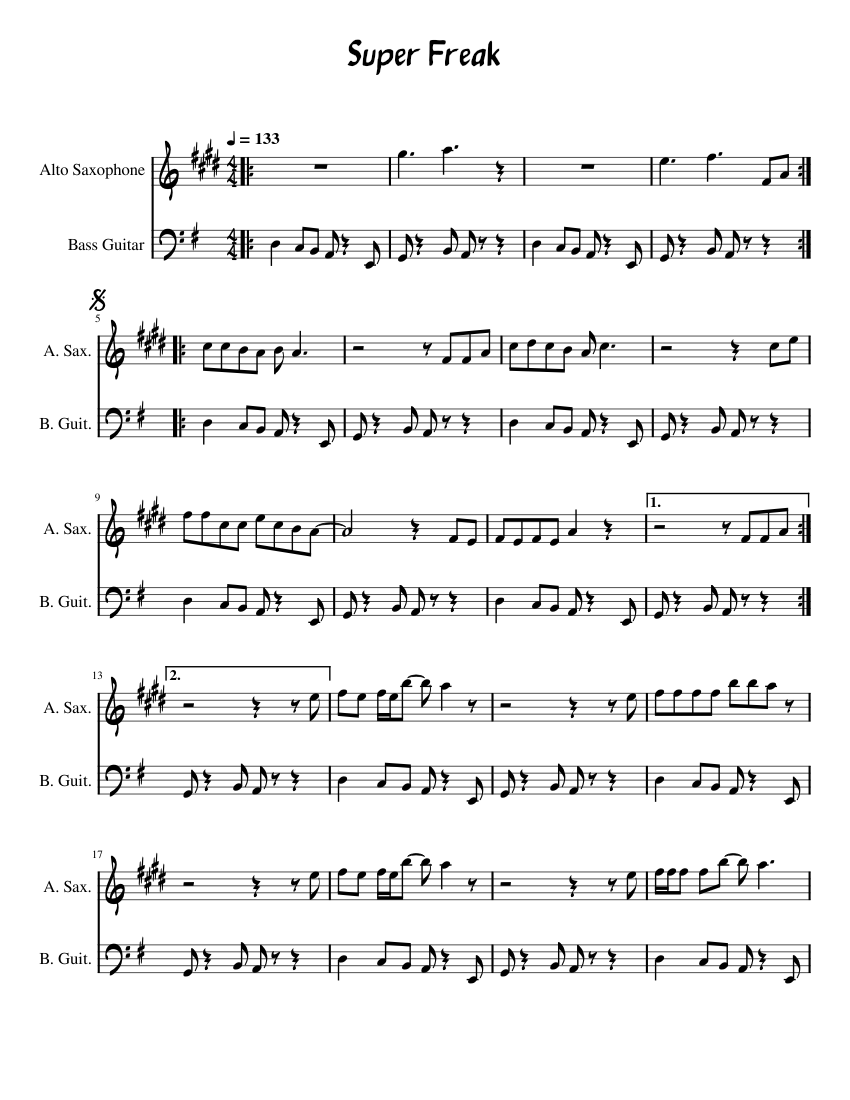 Super Freak Sheet Music for Saxophone alto, Bass guitar (Mixed Duet ...