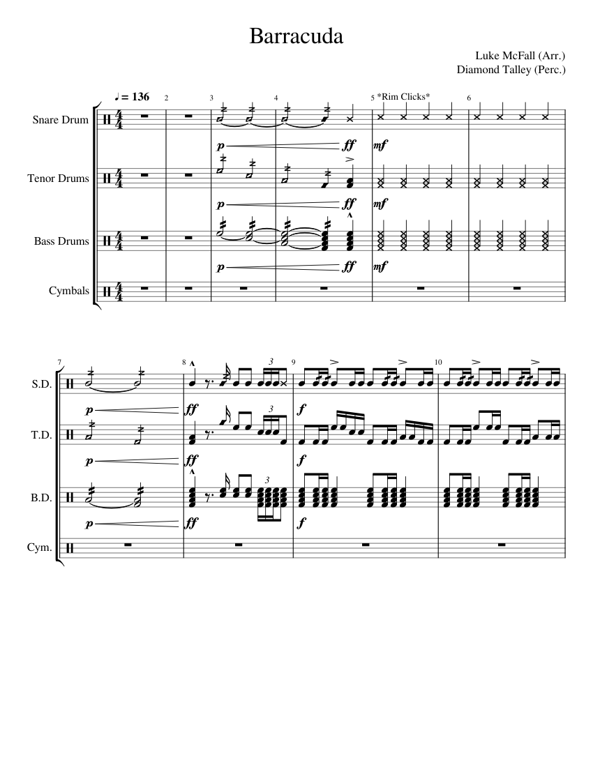 Barracuda Sheet Music for Snare drum, Crash, Tenor drum, Bass drum ...