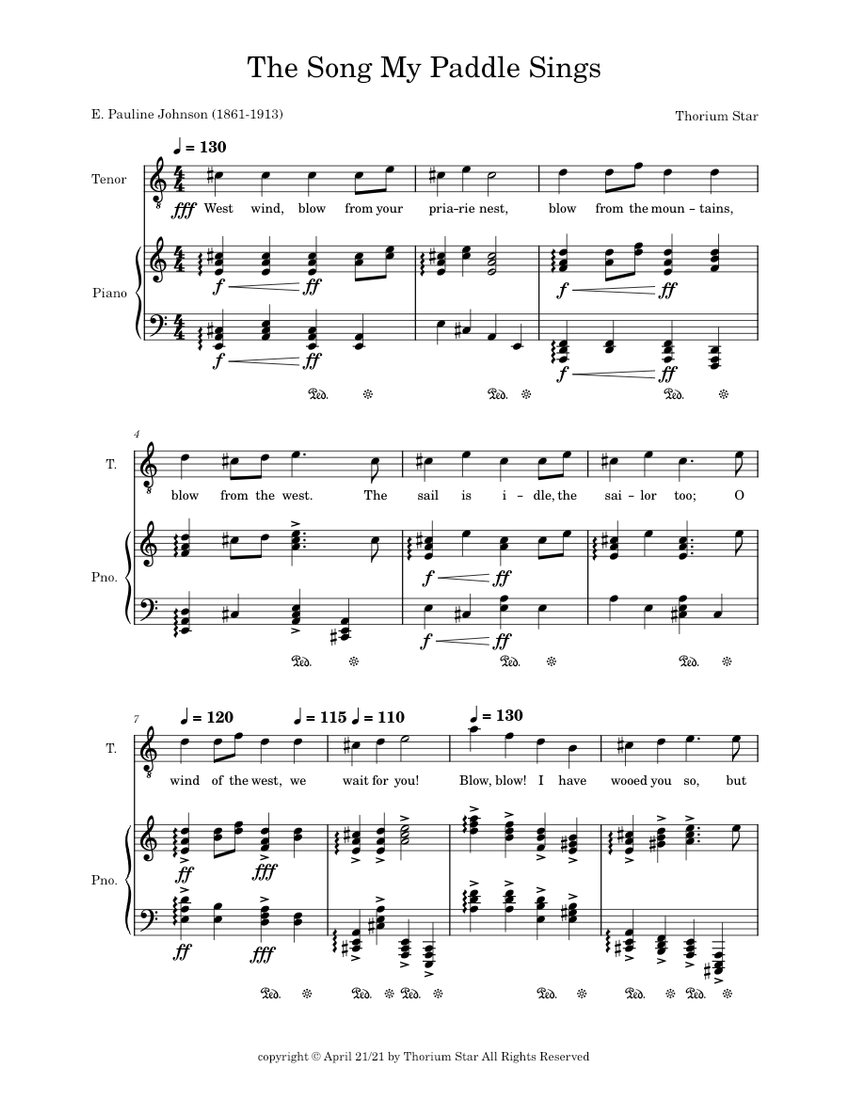 The Song My Paddle Sings Sheet Music for Piano, Tenor (Piano-Voice ...