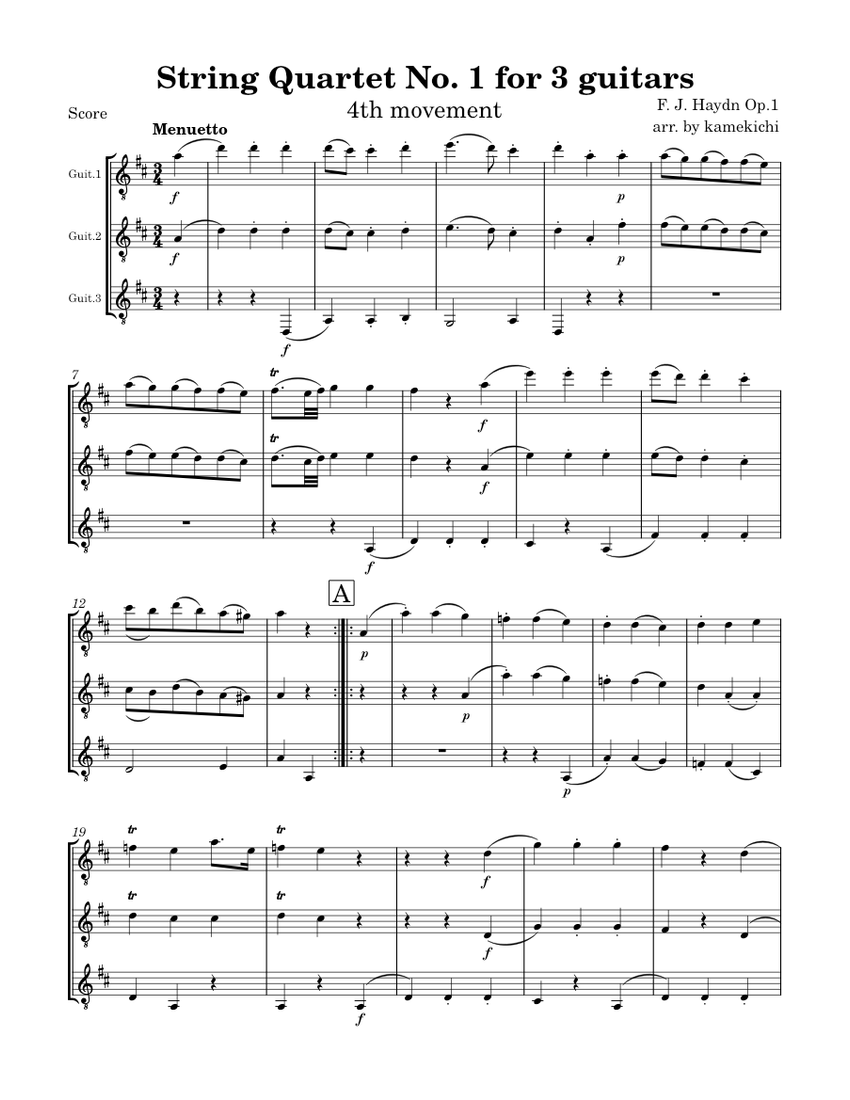 Haydn String Quartet No.1 Mvt.4 for 3 guitars Sheet music for Guitar ...