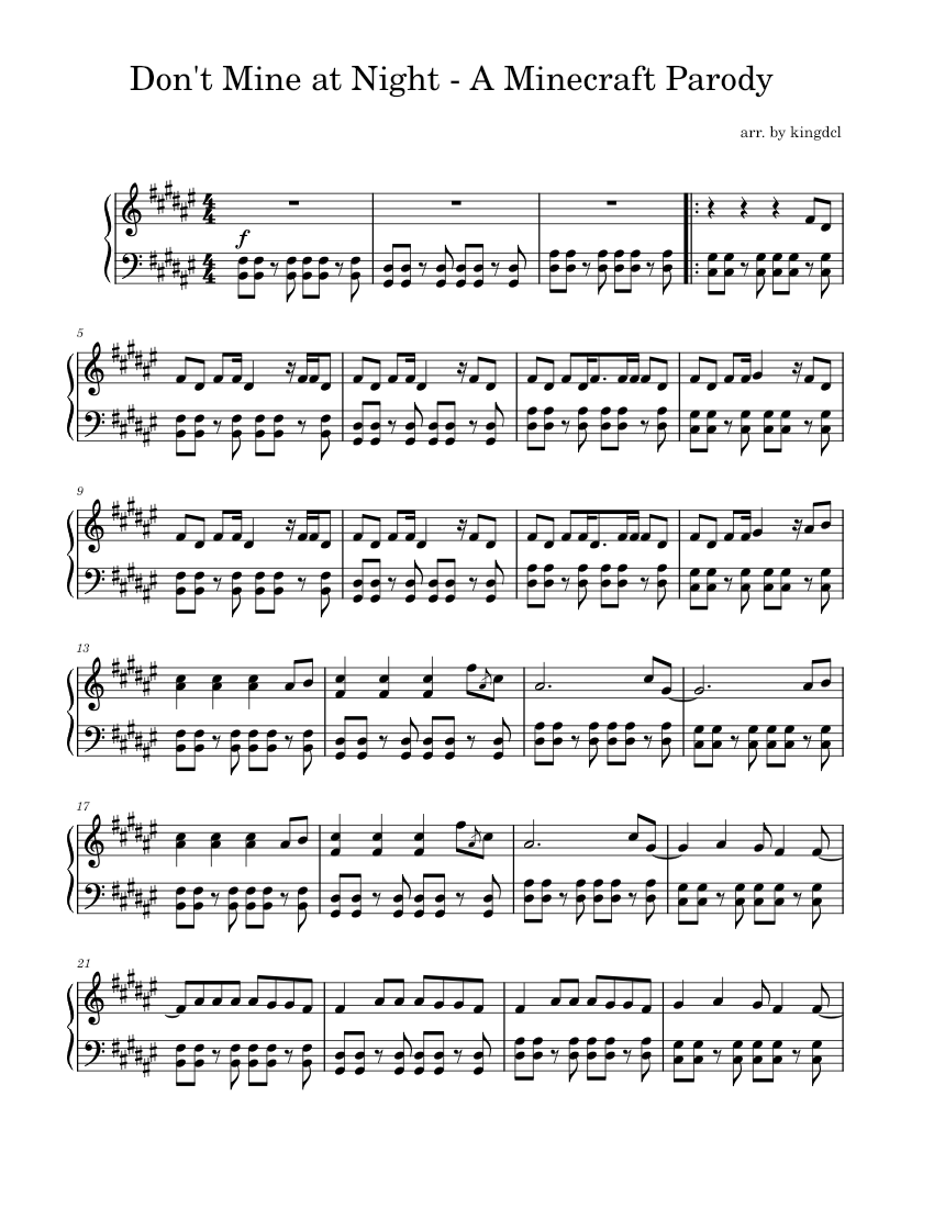 Don't Mine at Night - A Minecraft Parody Sheet Music for Synthesizer ...